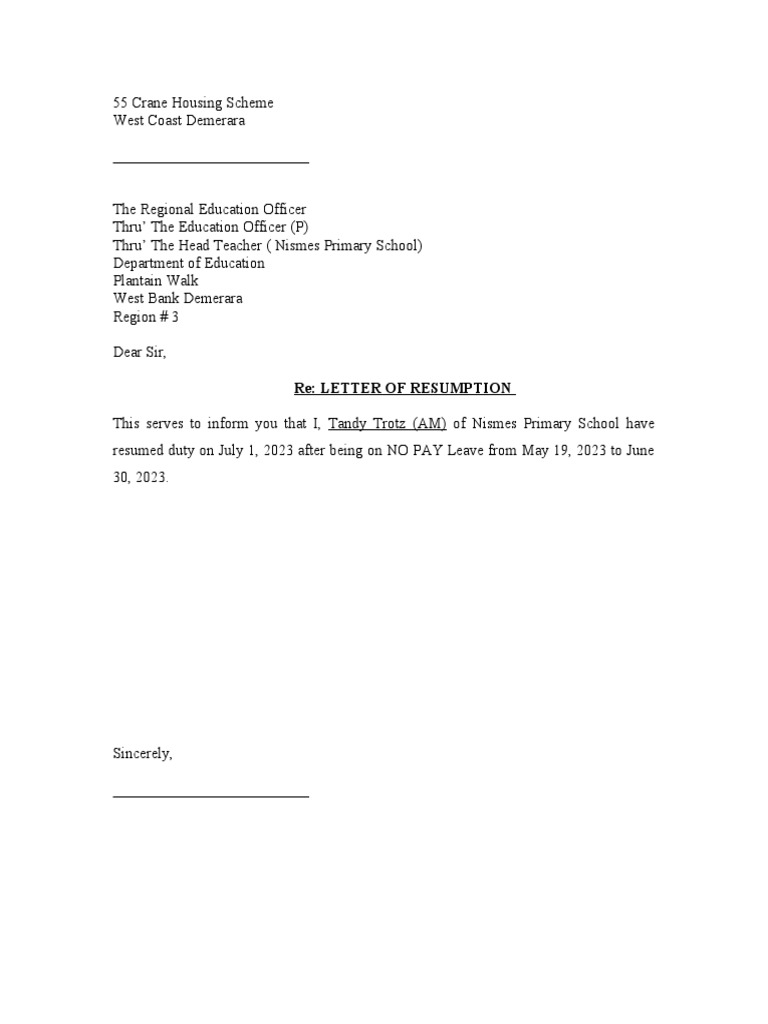 Resumption Letter | PDF