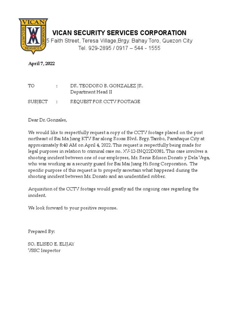 Request Letter For CCTV Footage | PDF | Social Science | Home & Garden