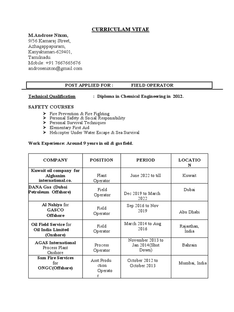 Field Operator CV for Oil & Gas Industry | PDF | Computers