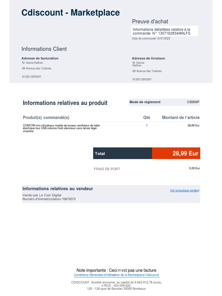 Facture Cdiscount Nathan2 | PDF