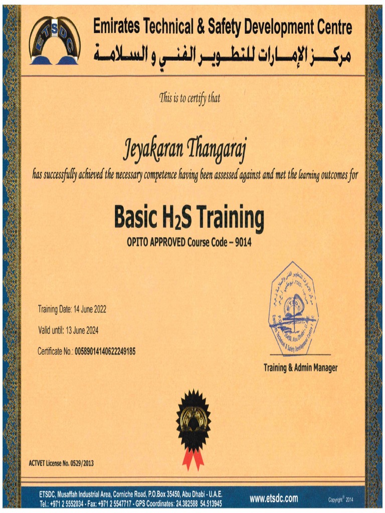Jeyakaran H2S Certificate | PDF