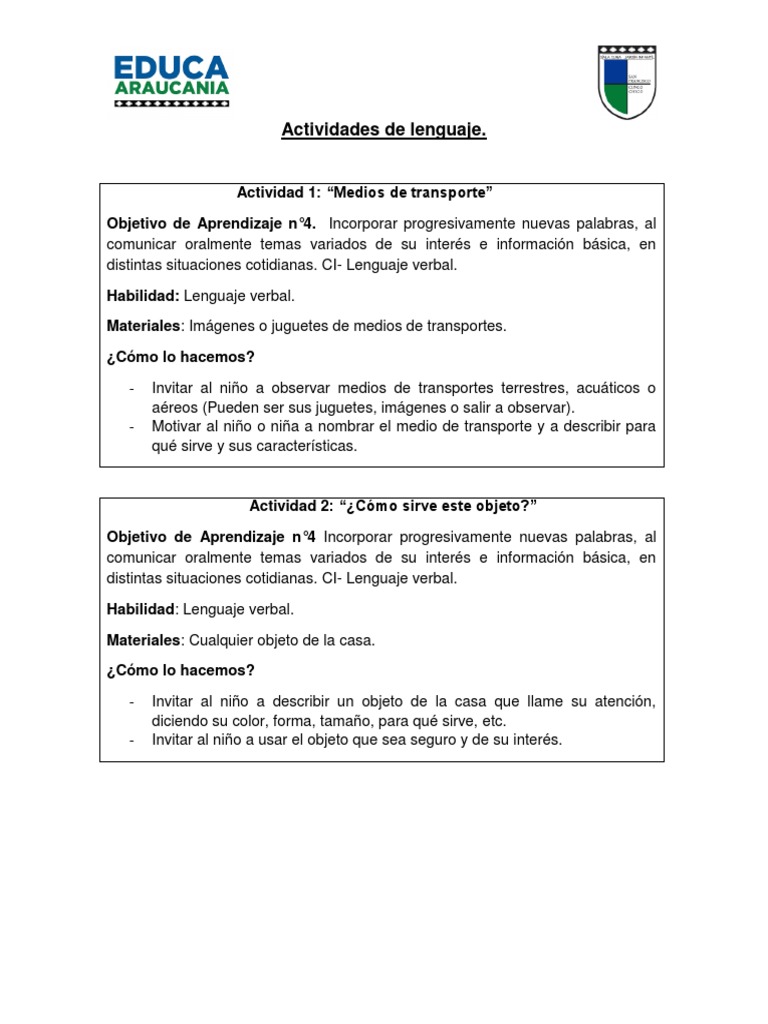 Actividades de Lenguaje | PDF | Aprendizaje | Comunicación