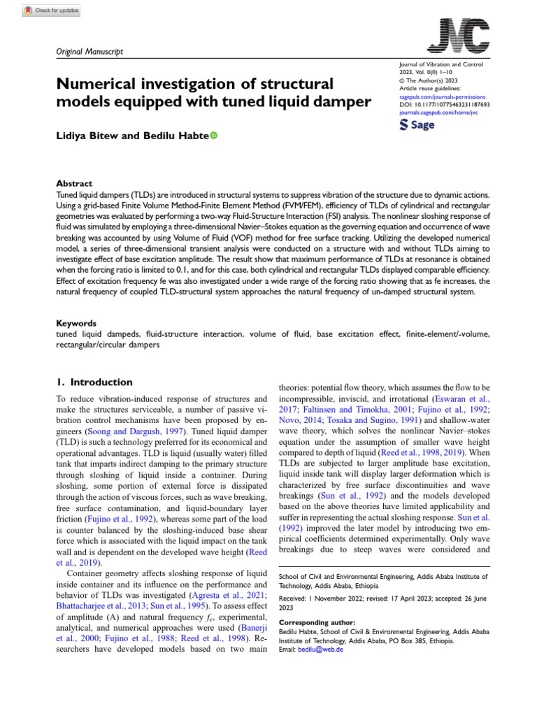 2023 Numerical Investigation of Structural Models Equipped With Tuned Liquid Damper | PDF