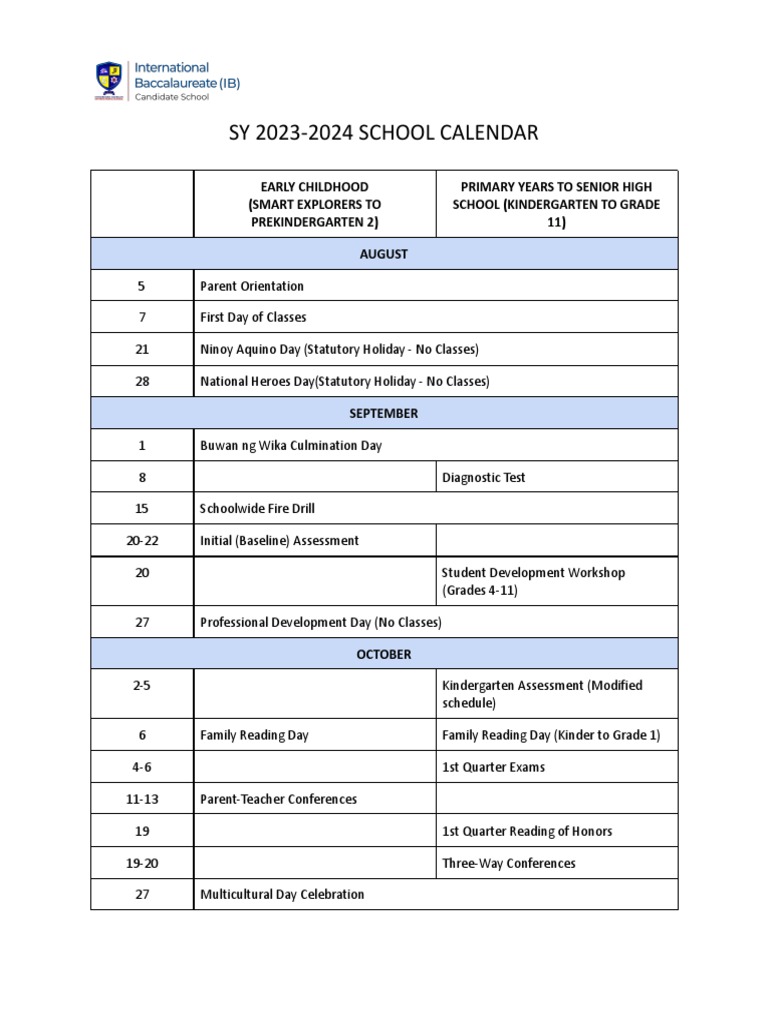 SY 2023-2024 School Calendar | PDF