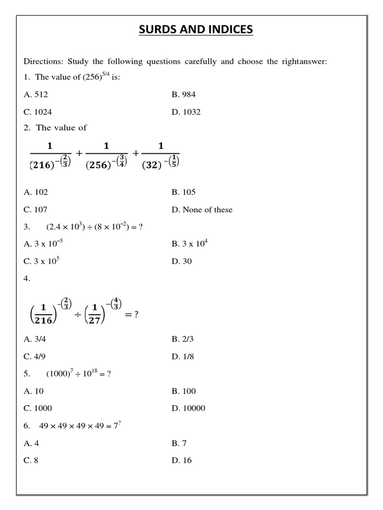 Surds and Indices | PDF | Science & Mathematics | Technology & Engineering