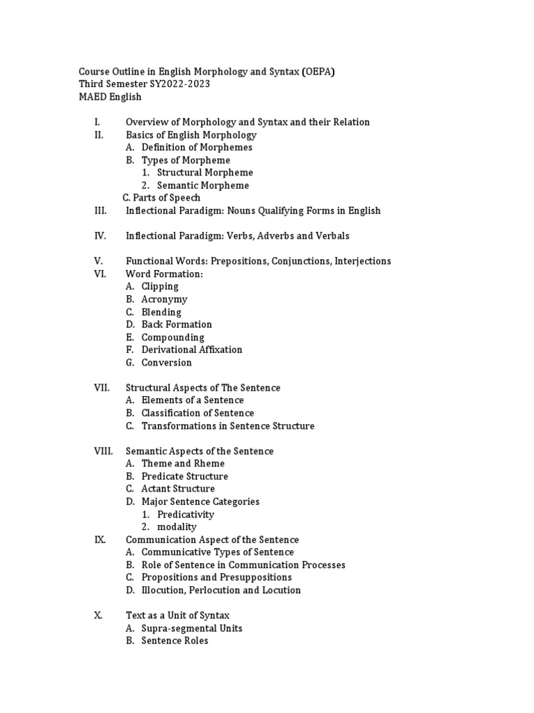 Course Outline in English Morphology and Syntax | PDF