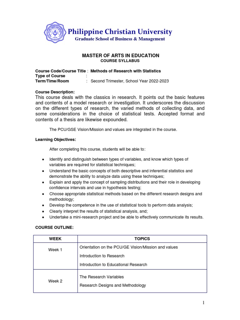 Syllabus MAEd Methods of Research With Statistics.2023 | PDF ...