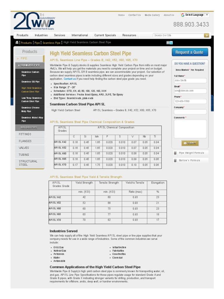 API 5L Seamless Line Pipe - Carbon Steel Pipe Grades - Worldwide Pipe ...