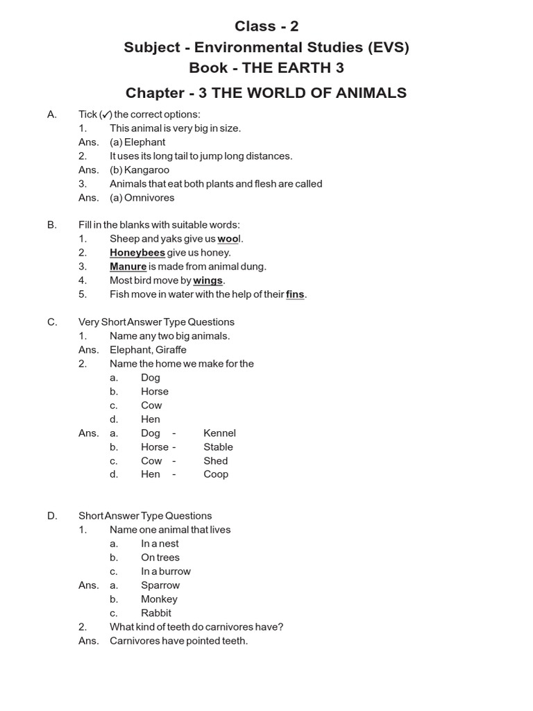 Class 2 Subject EVS Chapter 3 The World of Animals | PDF
