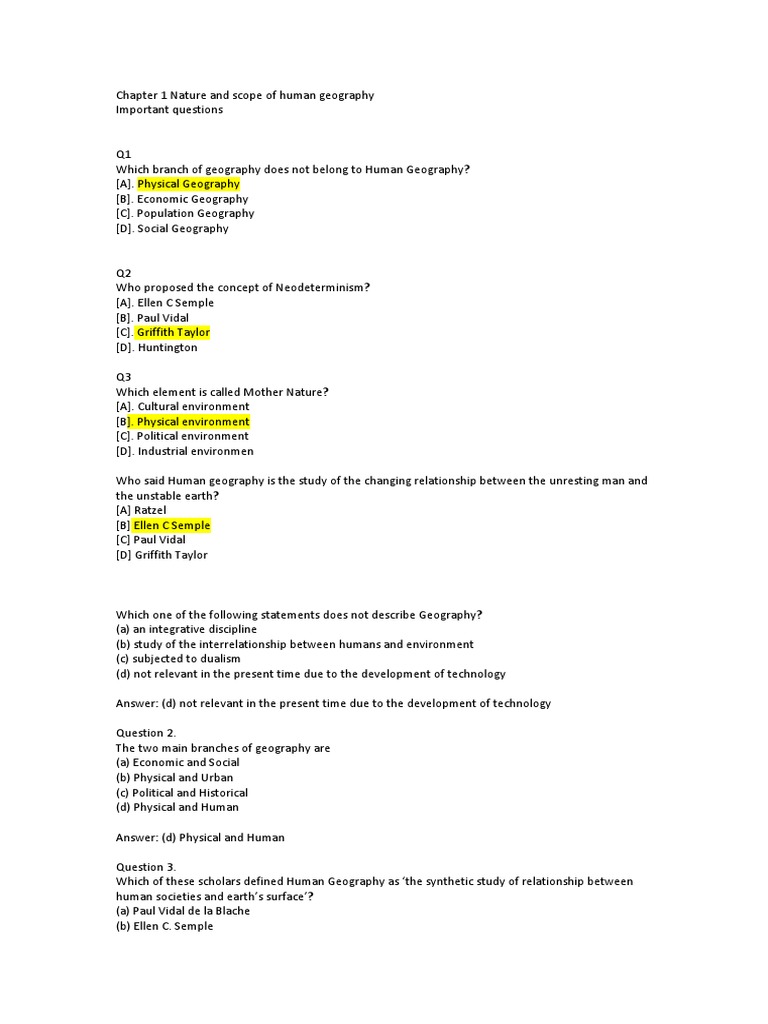 Chapter 1 Nature and Scope of Human Geography Important Questions | PDF