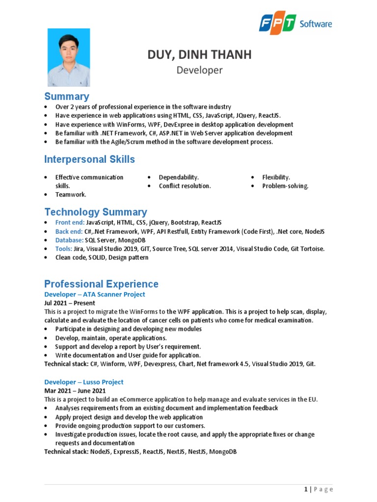 CV - Dinh Thanh Duy | PDF | Windows Presentation Foundation | Application Software