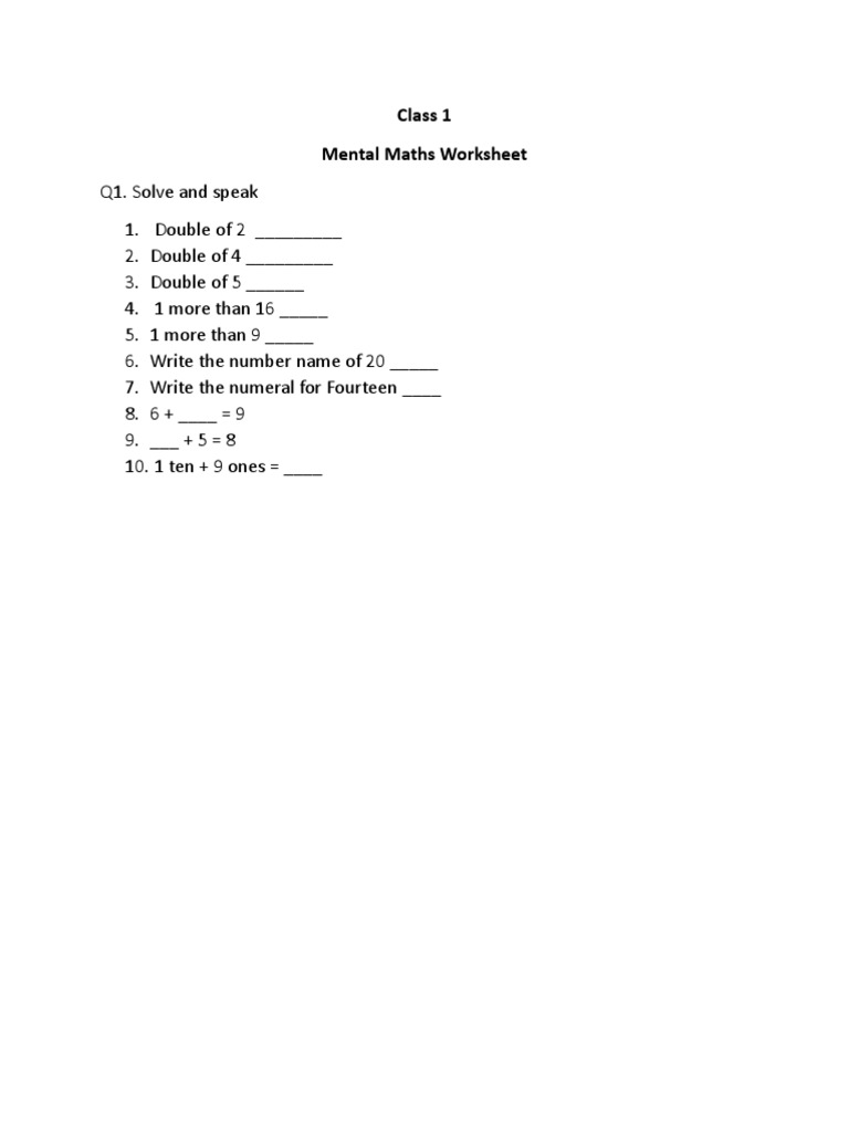 Maths Worksheet Class 1 | PDF