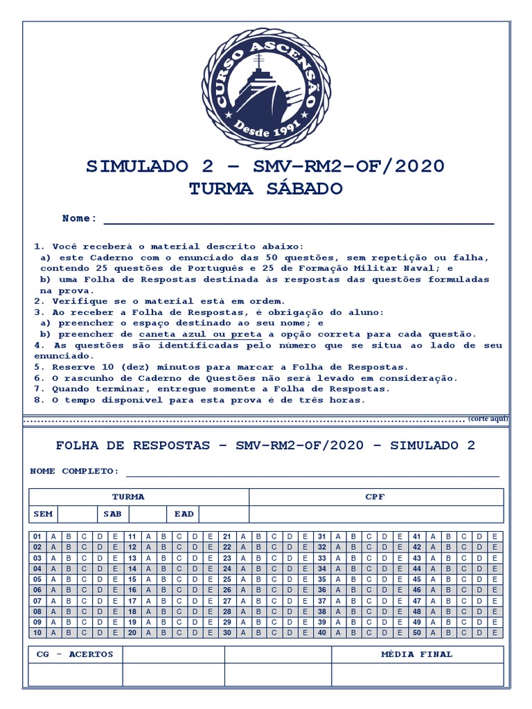 Rm2 - Oficiais - 2020 - Simulado 02 - Sábado | PDF