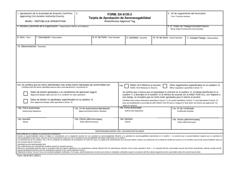 Form Da 8130-3 - Tarjeta de Aprobacion de Aeronavegabilidad 1 | PDF