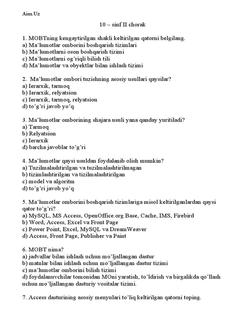 10 Sinf Informatika Test @sadikov Uz 3 | PDF
