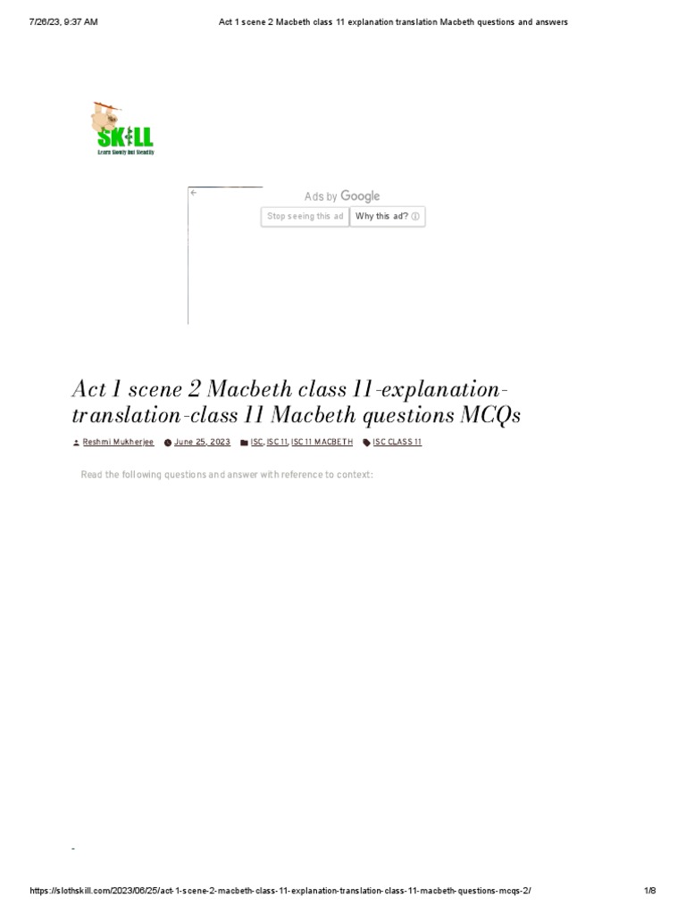 Act 1 Scene 2 Macbeth Class 11 Explanation Translation Macbeth ...