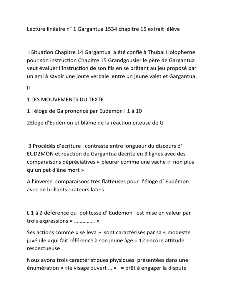 Lecture Linéaire N 1 Élève Sti Gargantua 2 | PDF