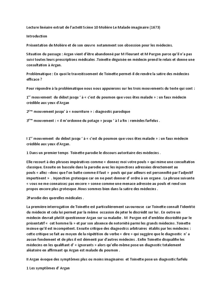 Lecture Linéaire Extrait Malade Imaginaire Acte III Scène 1 Sti | PDF