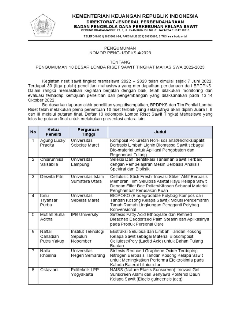 Pengumuman 10 Besar Lomba Riset Sawit Tingkat Mahasiswa 2022-2023 | PDF Pengumuman 10 Besar Lomba Riset Sawit Tingkat Mahasiswa 2022-2023 | PDF