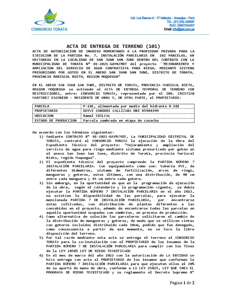 Acta Entrega Terreno 101 | PDF