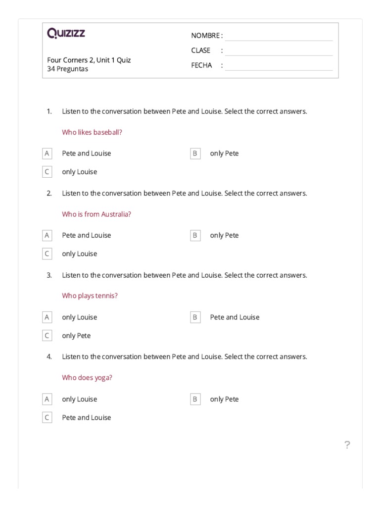 Four Corners 2, Unit 1 Quiz | PDF Four Corners 2, Unit 1 Quiz | PDF