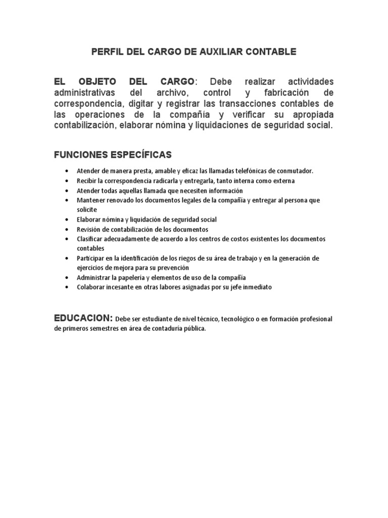 Perfil Del Cargo de Auxiliar Contable | PDF