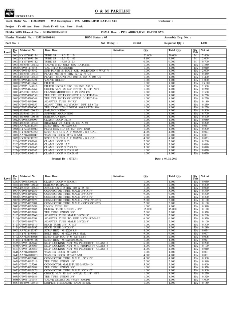 O & M Partlist | PDF