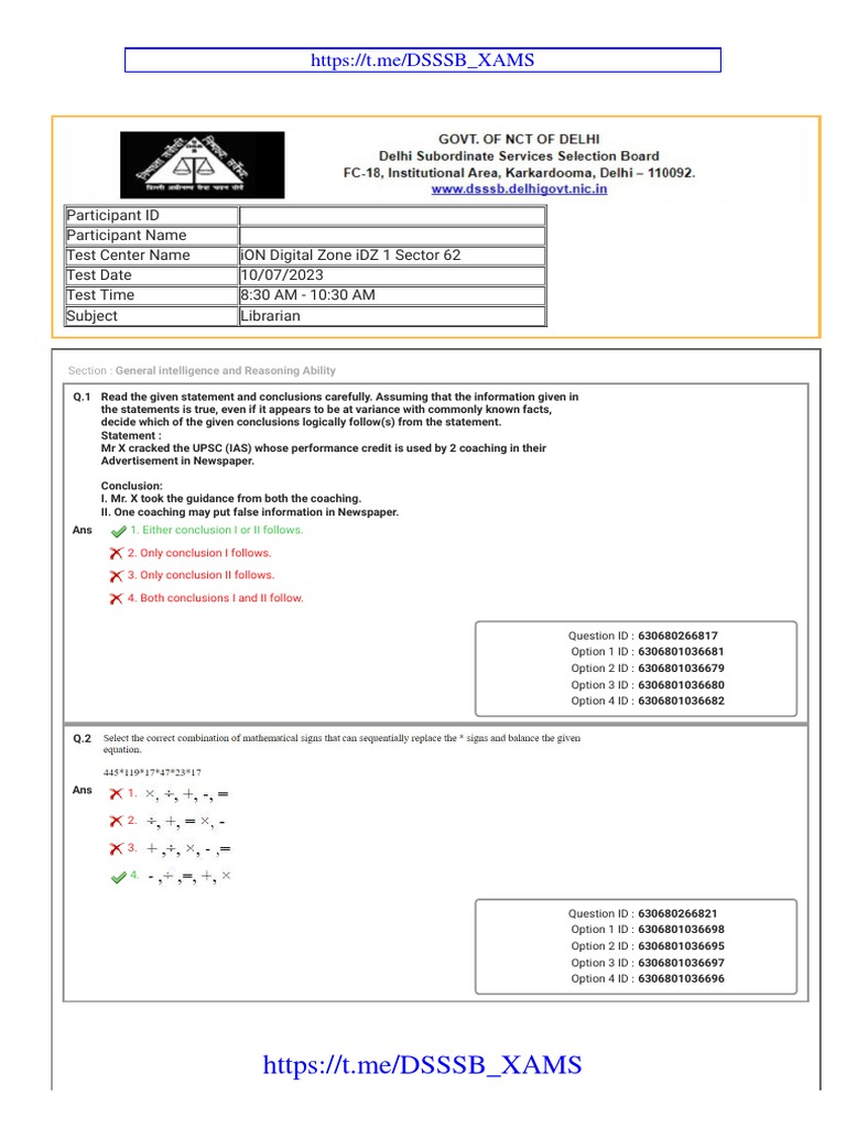 Librarian 1st Shift in Eng @DSSSB - XAMS | PDF