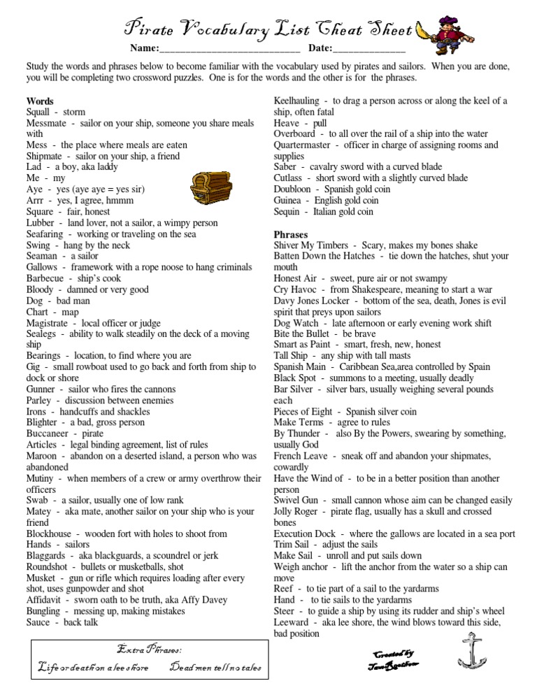 Pirate Vocabulary List Cheat Sheet: Name: - Date | PDF | Sailor | Piracy