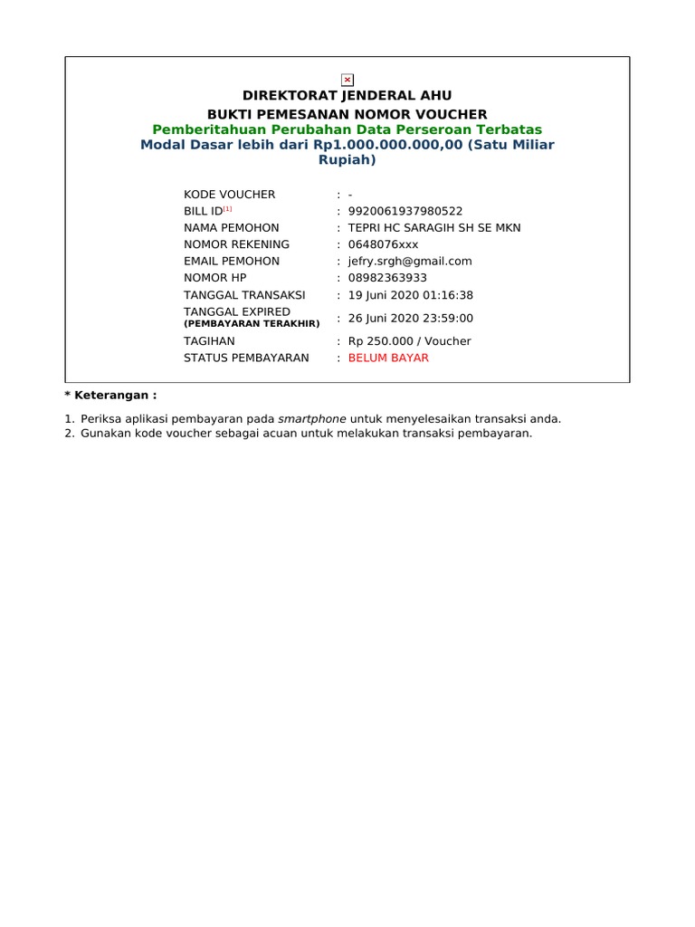 Bukti Pemesanan Voucher AHU 2020 | PDF | Pengelolaan Keuangan & Uang | Hukum
