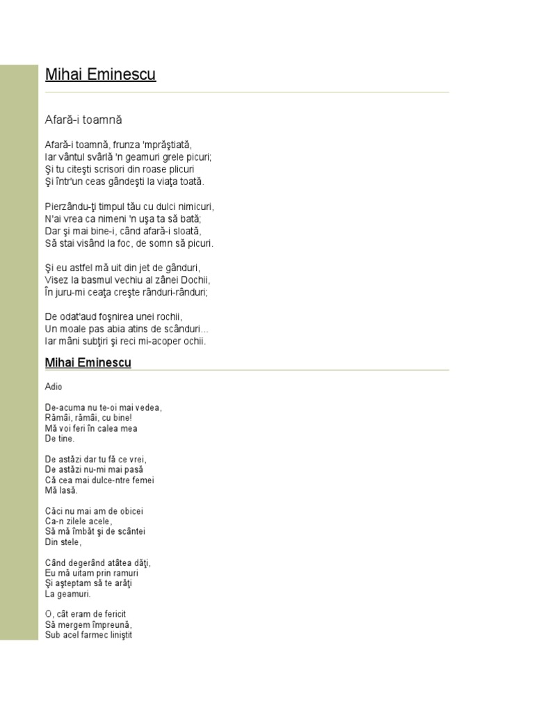 Mihai Eminescu - Afara-I Toamna | PDF
