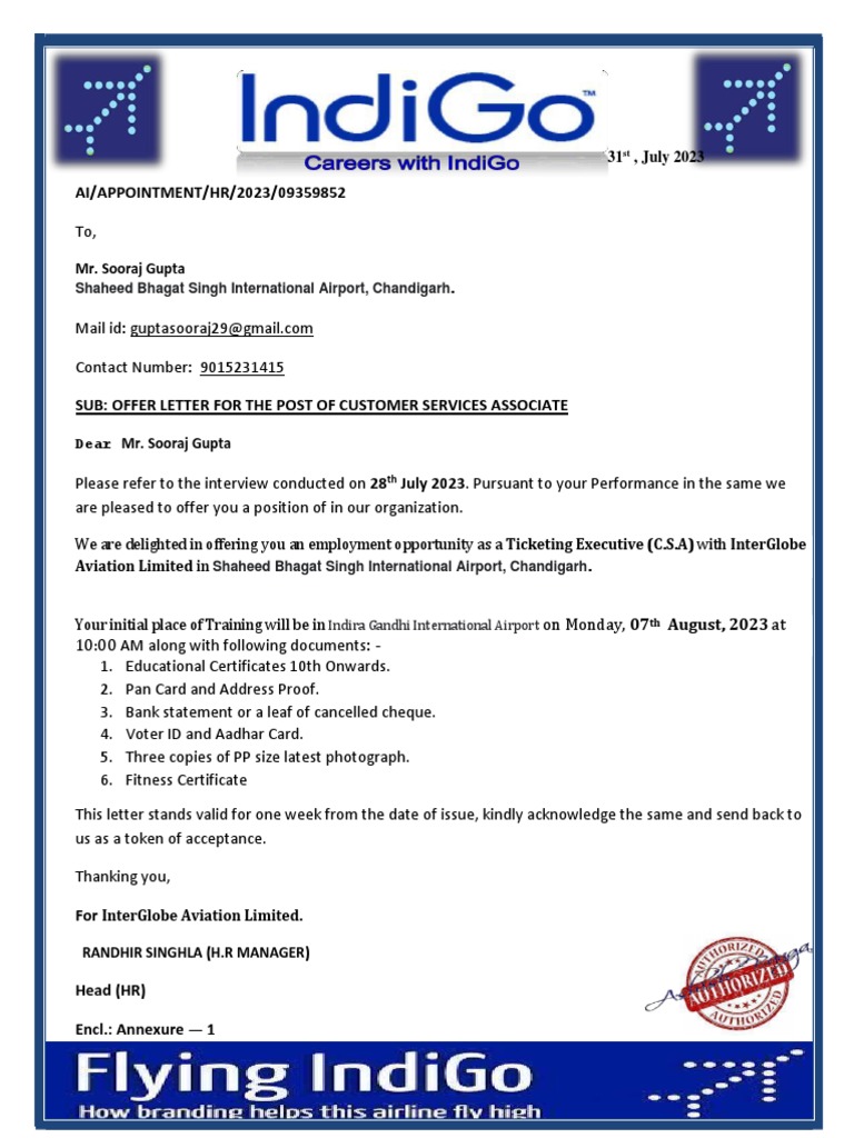 Indigo Airlines Customer Service Offer Letter | PDF | Employment | Justice