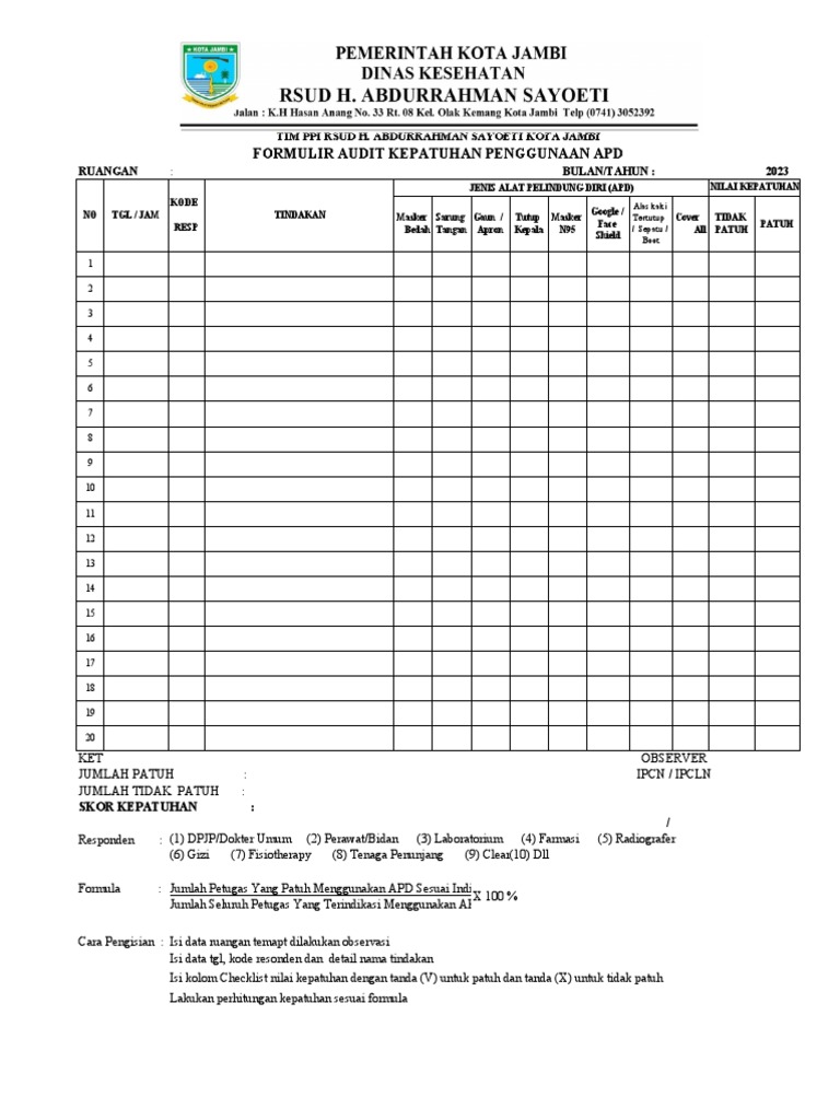 Form Audit Kepatuhan Apd Ppi | PDF