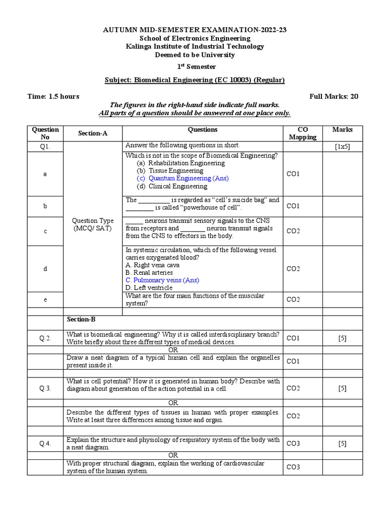 Biomedical Engineering Exam 2022-23 | PDF | Science & Mathematics