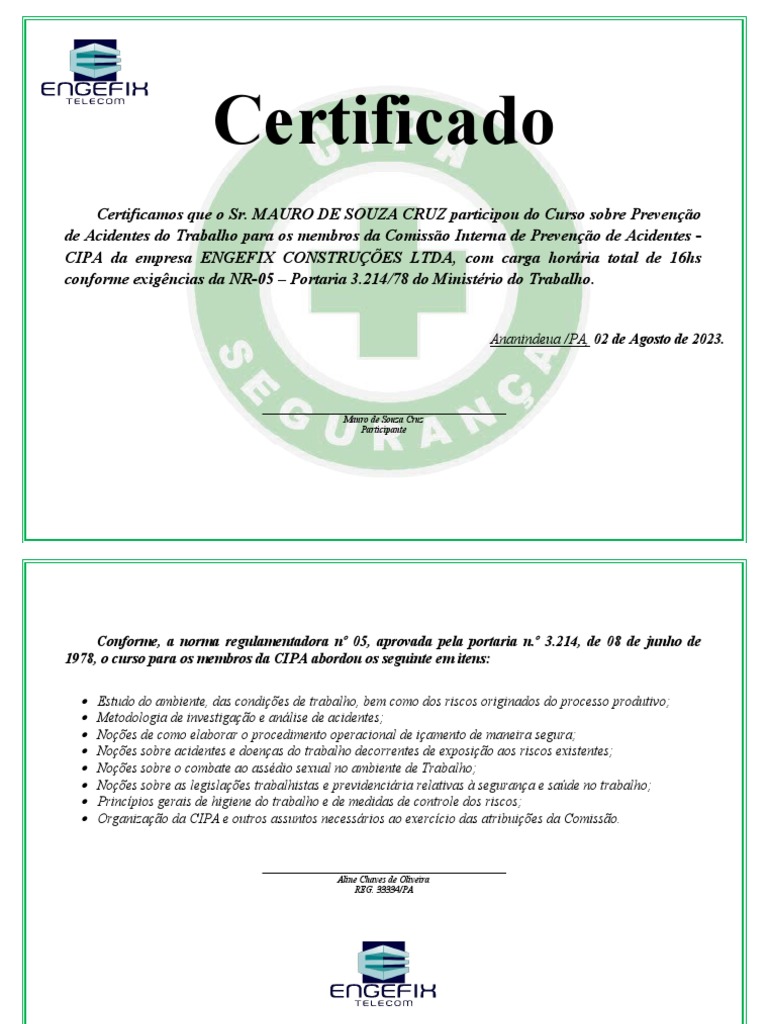 Certificado Da CIPA - MAURO | PDF