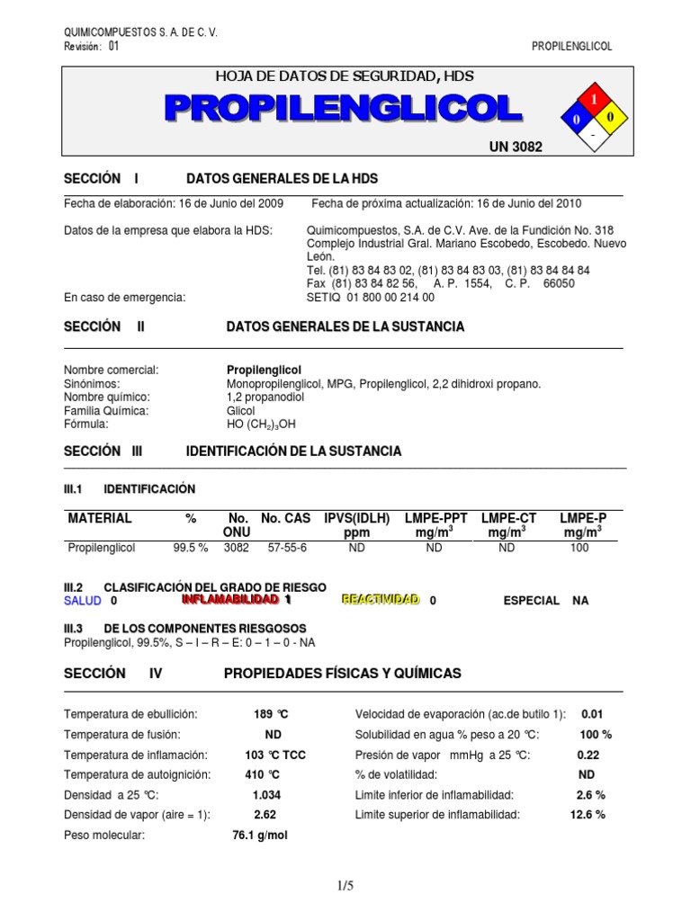 Propilenglicol HDS Rev 01 | PDF | Agua | Combustión