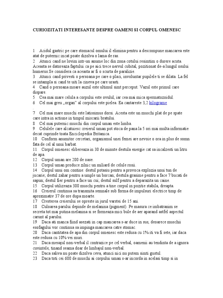 Curiozitati Interesante Despre Oameni Si Corpul Omenesc | PDF