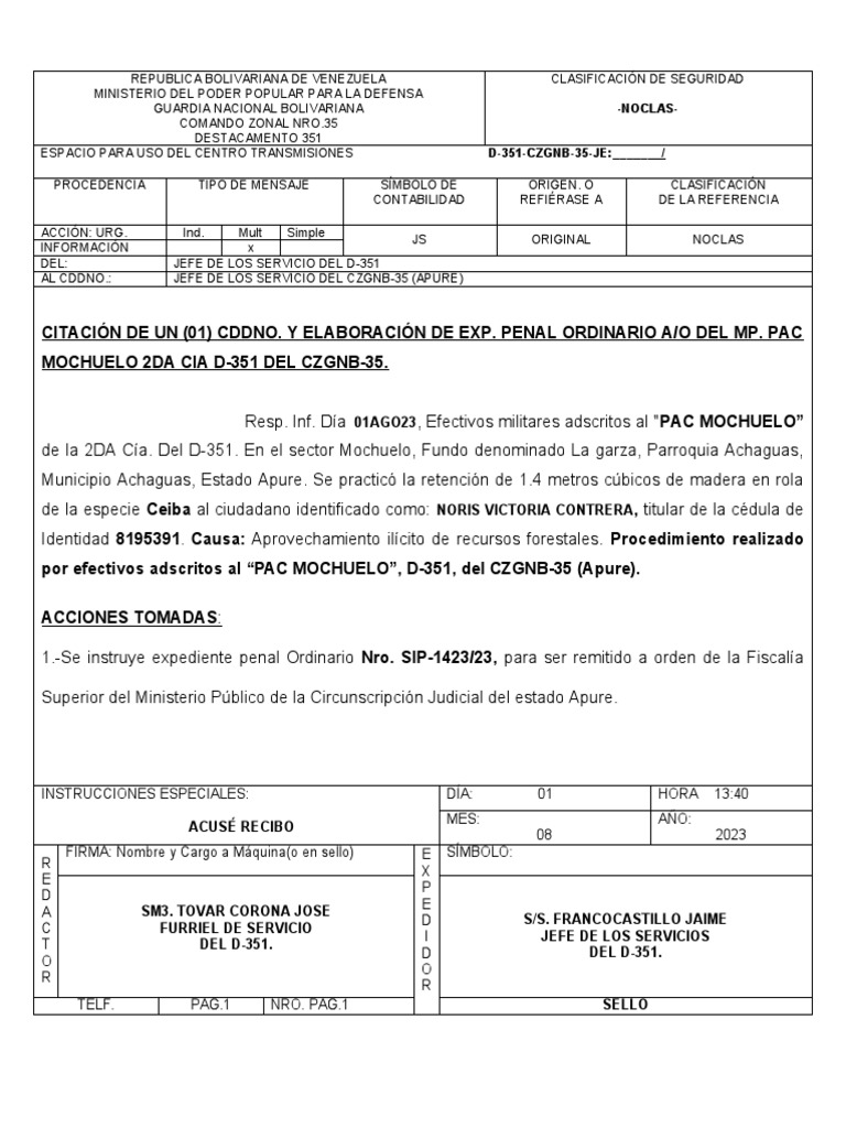003.-Citacion de Un Cddno y Elab. de Exp. Penal Ord Pac Mochuelo | PDF | Gobierno