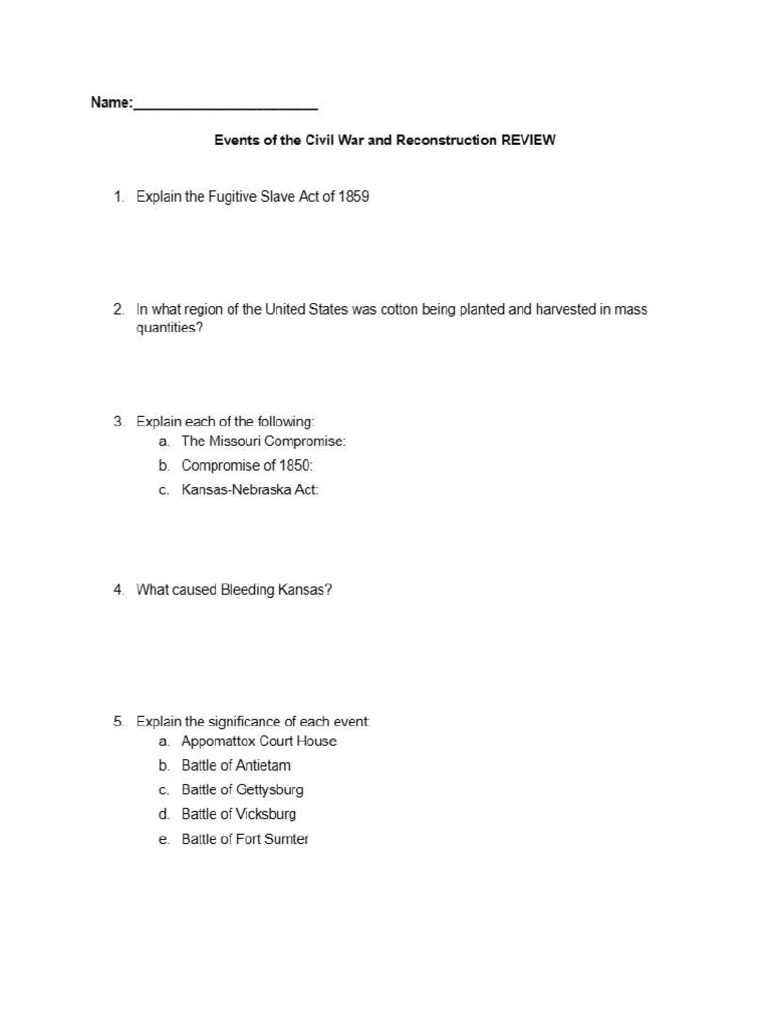 Events of Civil War and Reconstruction Review | PDF