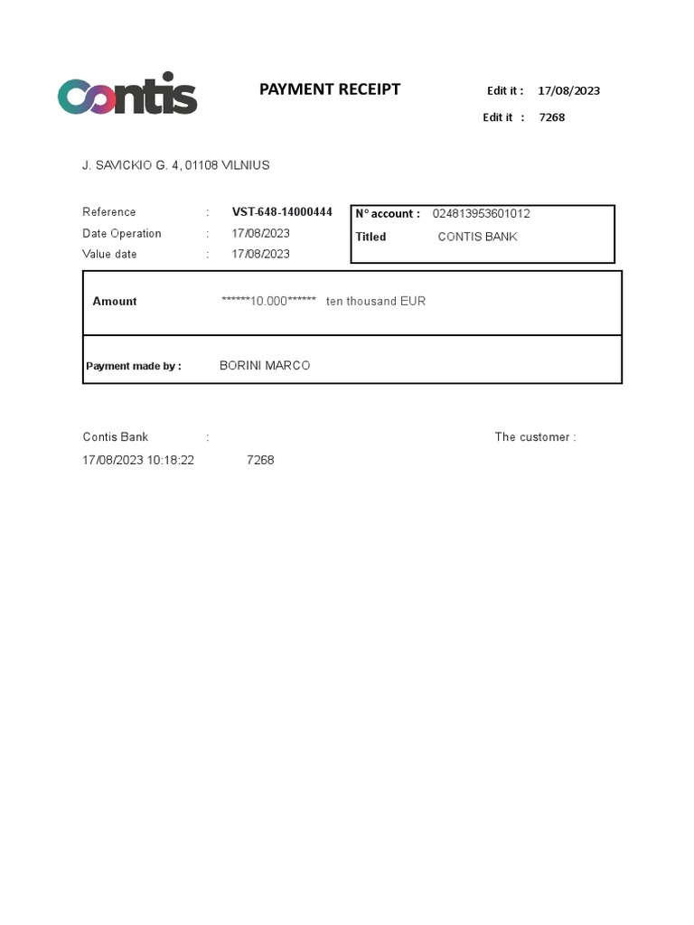 PAYMENT RECEIPT CONTIS BANK | PDF