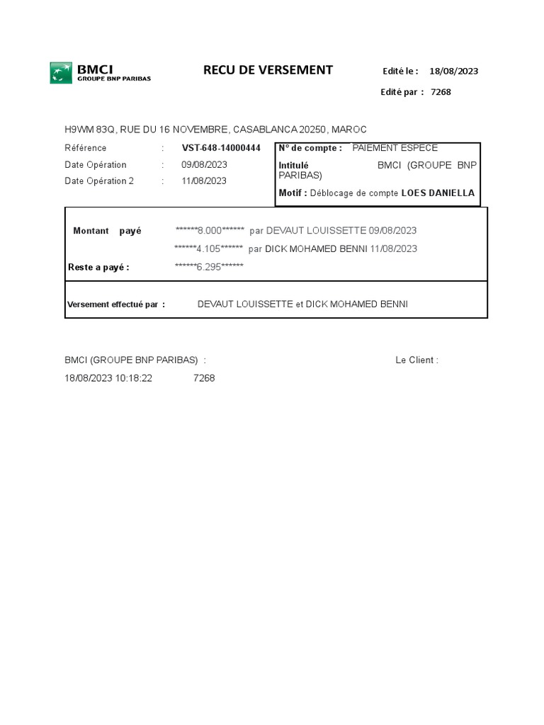 Recu de Versement Bmci | PDF