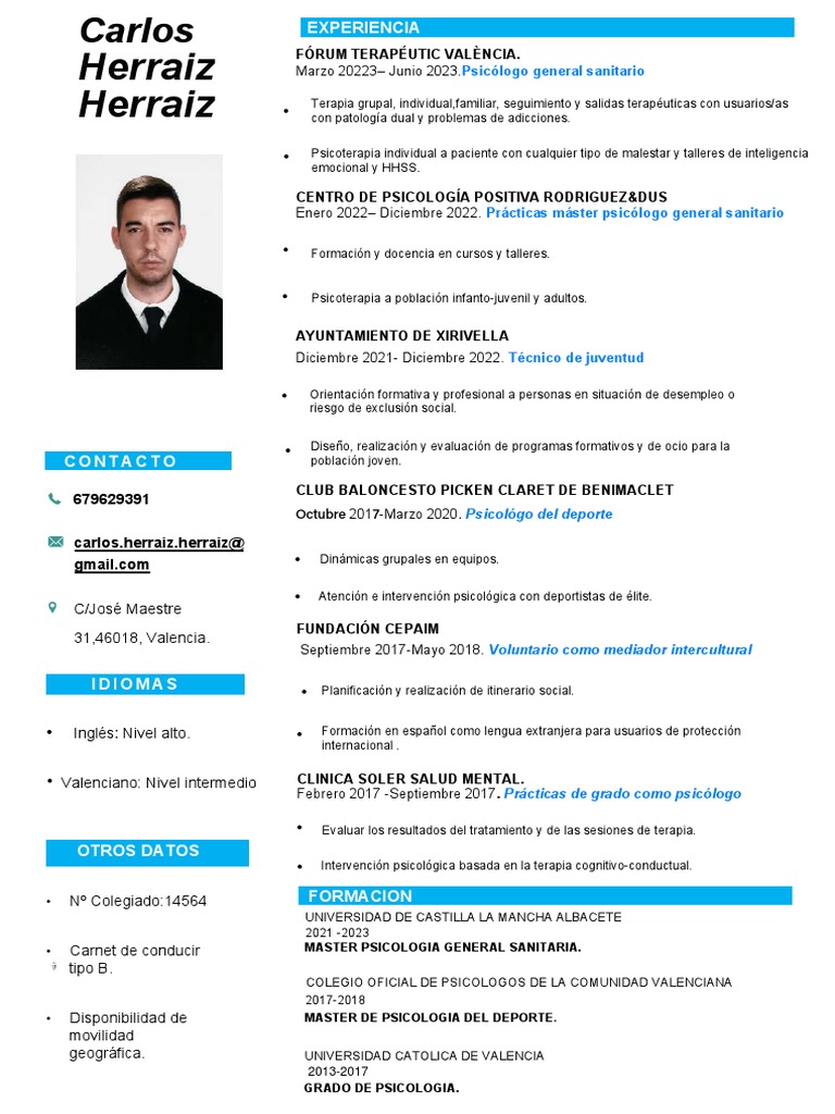 CV Carlos Herraiz - Compressed | PDF | Psicoterapia | Sicología