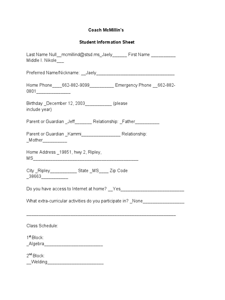 Student Information Sheet PDF