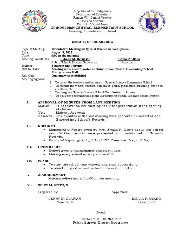 Minutes - Orientation On Special Science Elemntary School | PDF