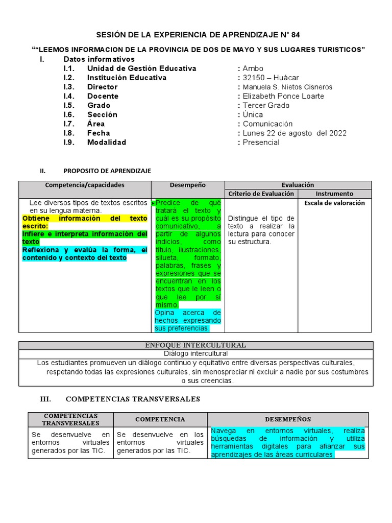 Sesión de La Experiencia de Aprendizaje N 84 | PDF | Aprendizaje | Evaluación