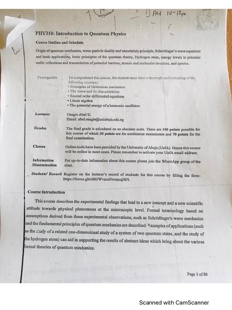 PHY310 Introduction To Quantum Physics | PDF