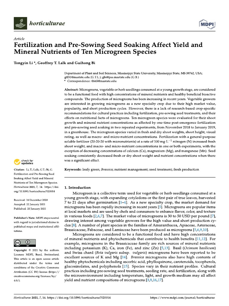 Fertilization and Pre-Sowing Seed Soaking Affect Yield and Mineral Nutrients of Ten Microgreen ...