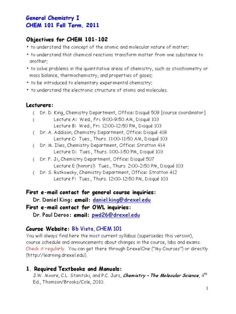 CHEM 101 Syllabus F11v2 | Download Free PDF | Test (Assessment) | Homework