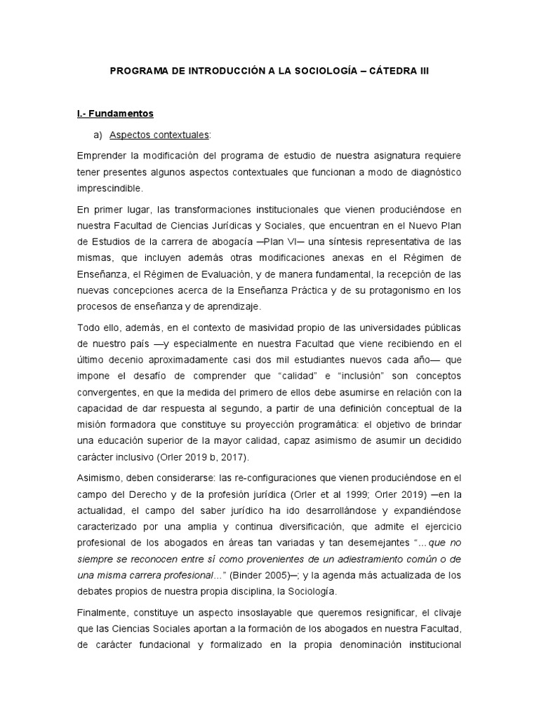 Programa Cátedra 3 Introducción A La Sociología. Prof Titular José Orler | PDF