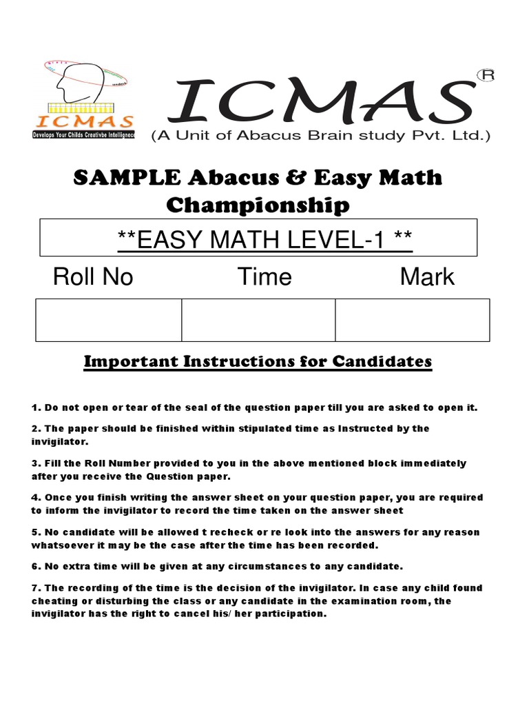 Easy Math Championship Sample Paper | PDF | Mathematics